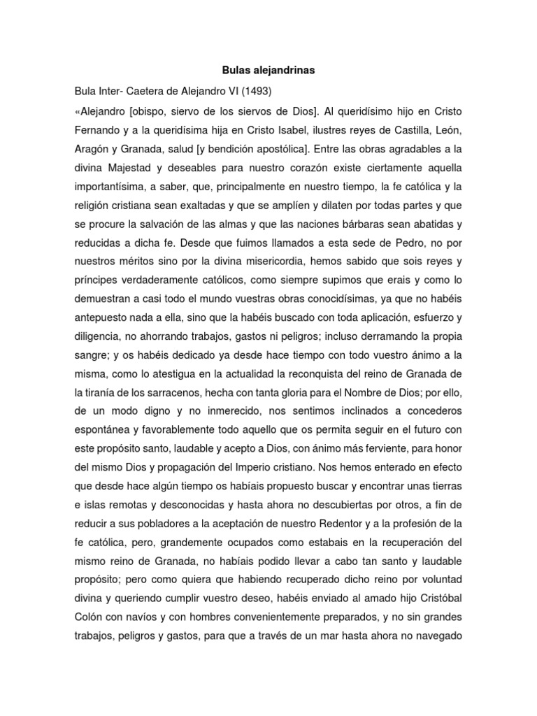 Bula Inter Caetera de 1493: Concesión de Tierras a España | PDF | Fe ...
