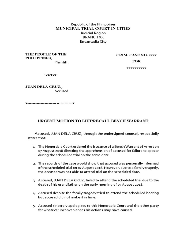 Motion To Lift Bench Warrant | PDF | Arrest Warrant | Prosecutor