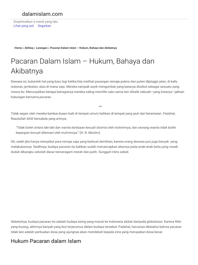 Pacaran Dalam Islam - Hukum, Bahaya Dan Akibatnya | PDF