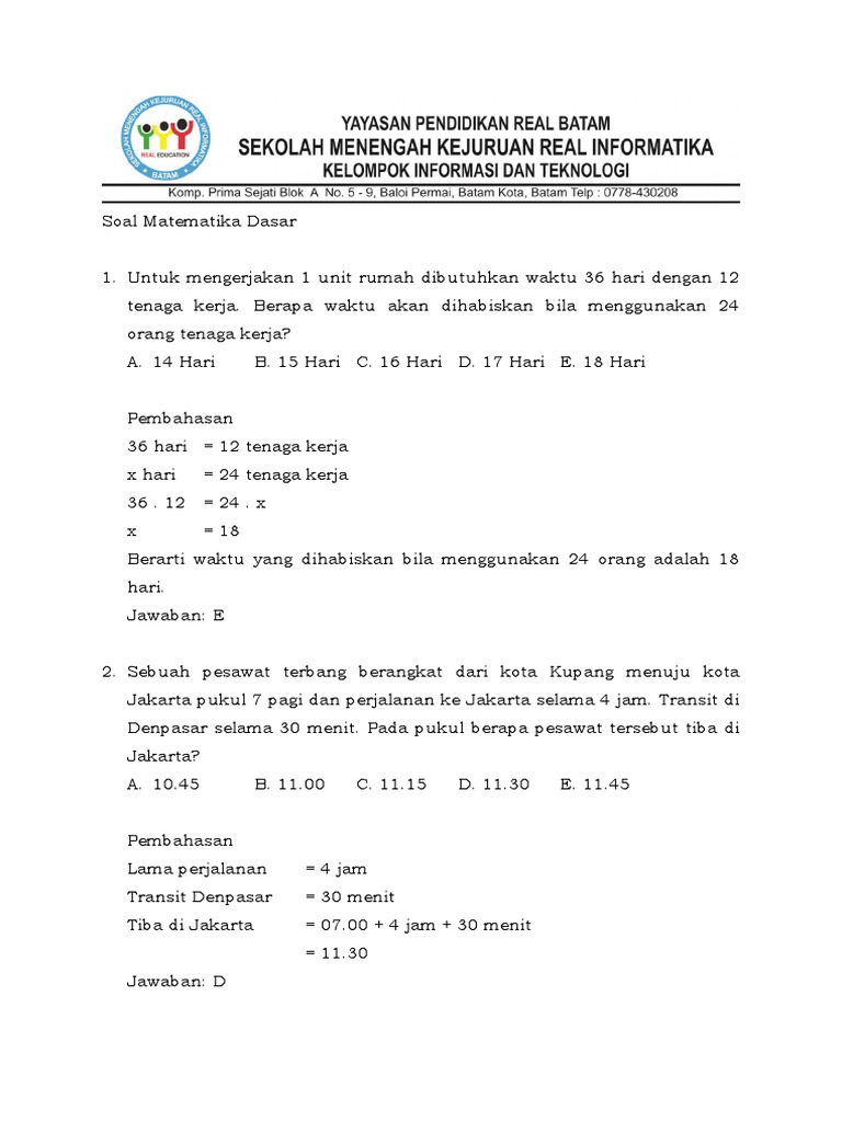 Soal MTK Dasar Dan Jawaban | PDF | Metode & Bahan Ajar