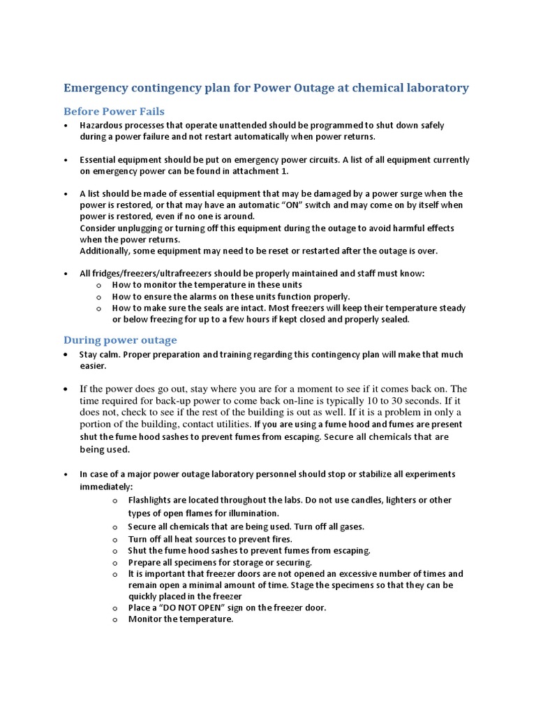 Emergency Power Outage Contingency Plan | PDF | Refrigerator | Laboratories