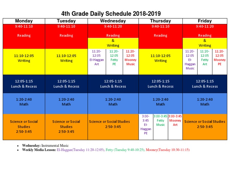4th Grade Schedule 1819 | PDF | Behavior Modification