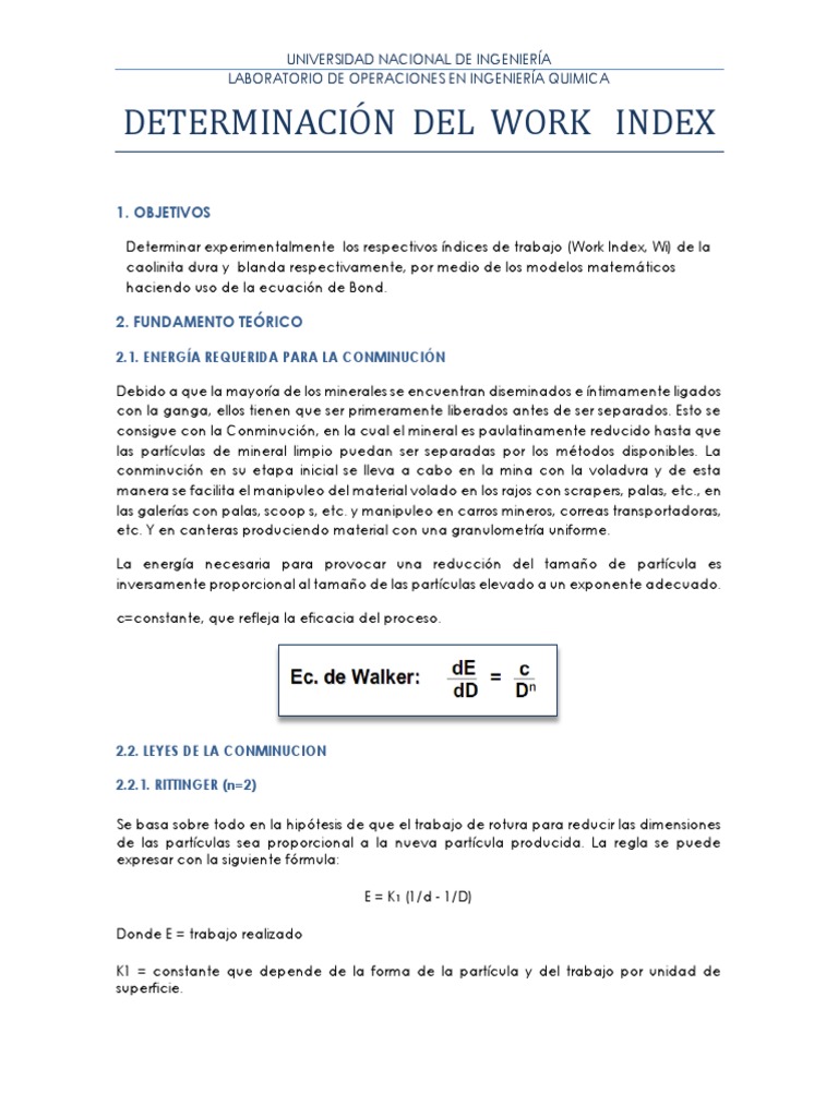 Determinacion Del Work Index | PDF | Molino (molienda) | Energia electrica