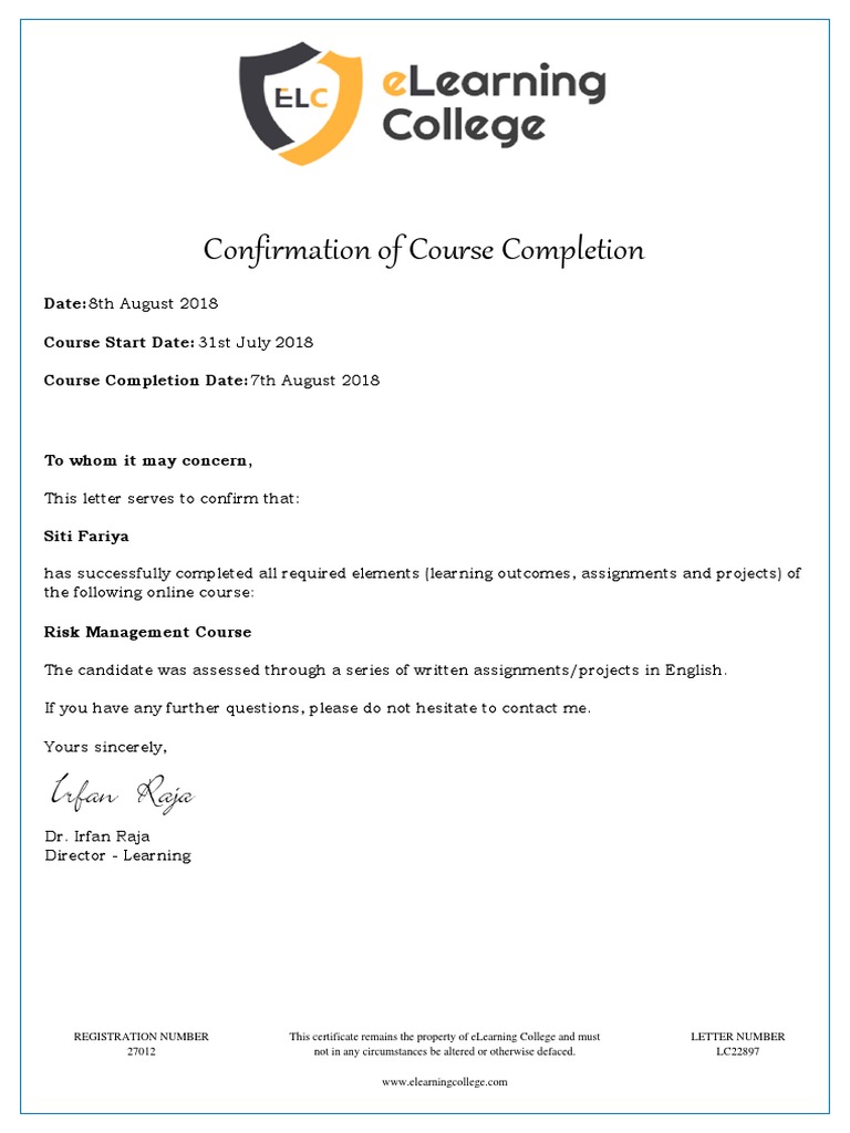 RISK MANAGEMENT CERTIFICATE