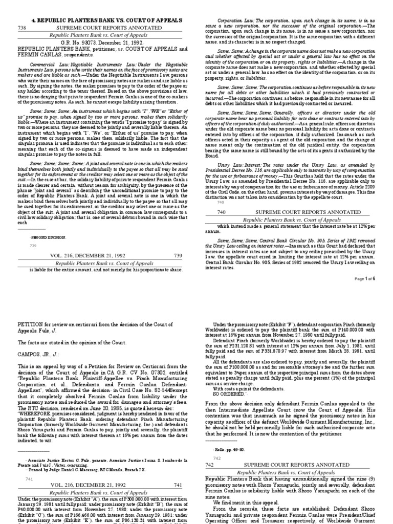 Republic Planters Bank Case Summary | PDF | Promissory Note ...