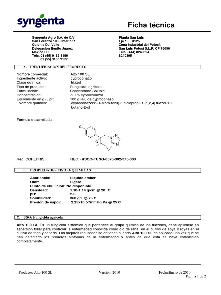 Alto 100 Ficha Tecn | Descargar gratis PDF | Residuos | Pesticida Alto 100 Ficha Tecn | Descargar gratis PDF | Residuos | Pesticida