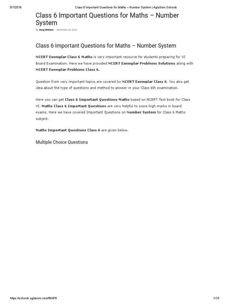 Class 6 Important Questions For Maths - Number System | PDF | Test ...