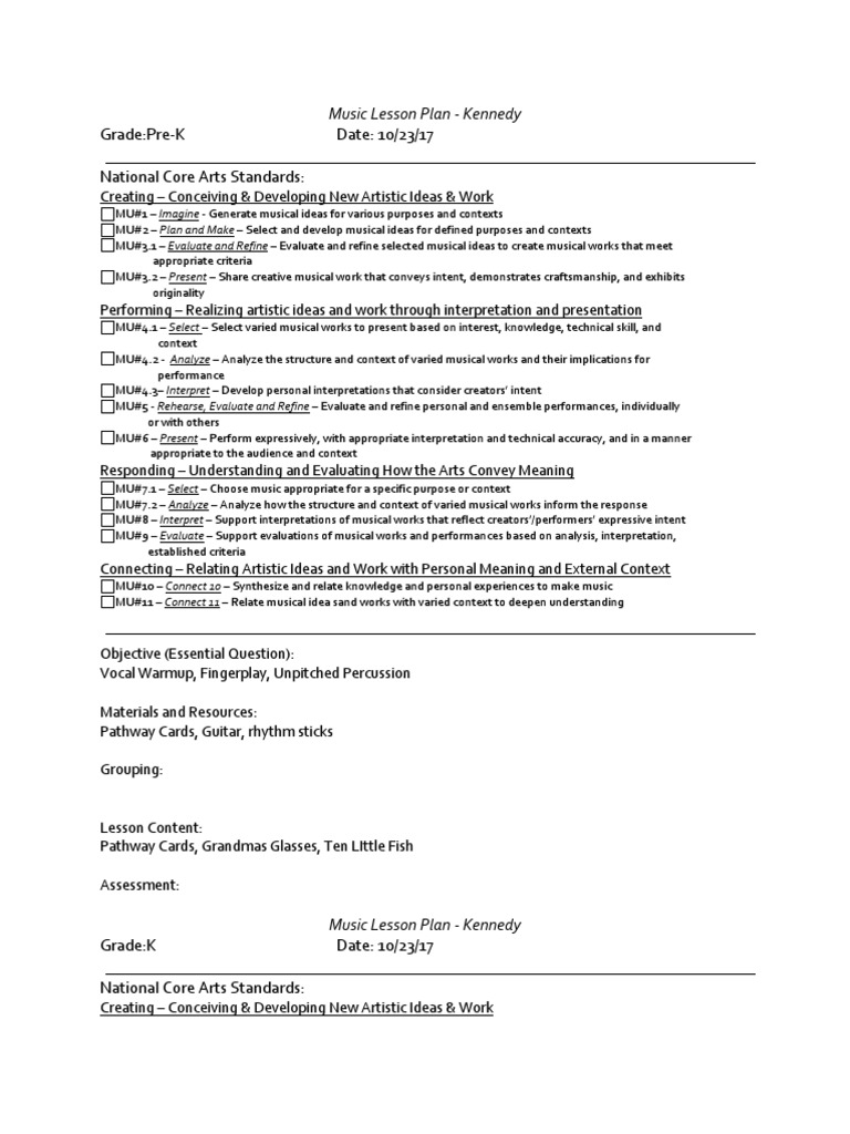 10.23.17, Music Week at A Glance | PDF | Evaluation | Lesson Plan