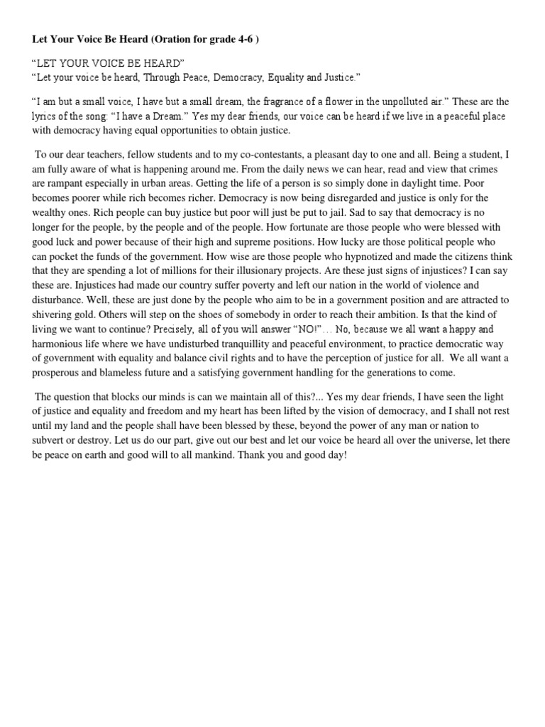 Let Your Voice Be Heard (Oration For Grade 4-6) | PDF | Judas Iscariot ...