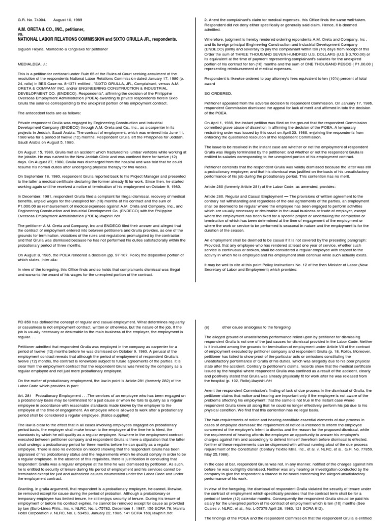 A.M. Oreta & Co., Lnc. v. National Labor Relations Commission | PDF ...