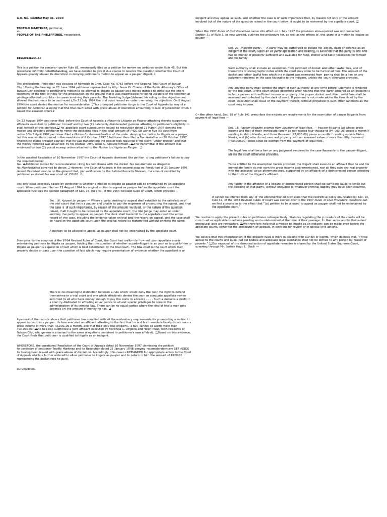 G.R. No. 132852 May 31, 2000 TEOFILO MARTINEZ, Petitioner, People of ...