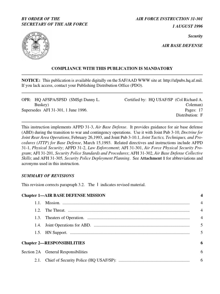 Air Base Defense Guidelines AFI 31-301 | PDF | United States Air Force ...