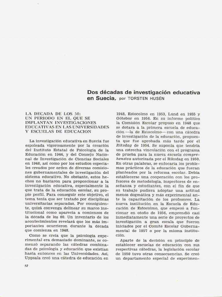 Dos Decadas de Investigación Educación en Suecia - Torsten Husén | PDF ...
