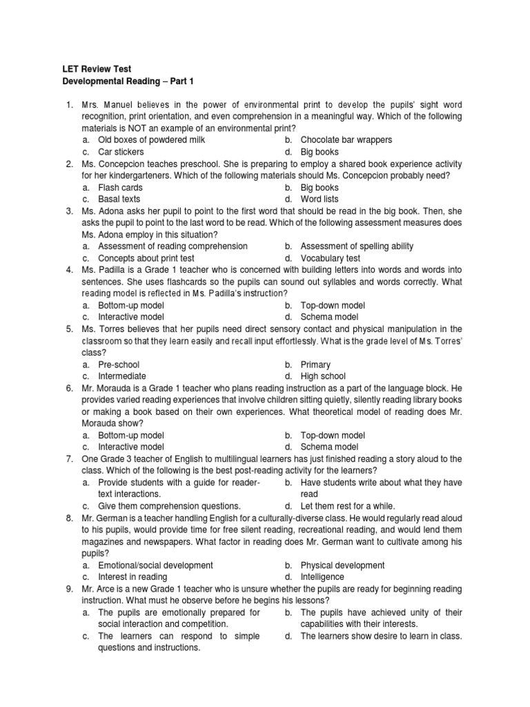 Mock Test For PRC LET Developmental Reading | PDF | Reading ...