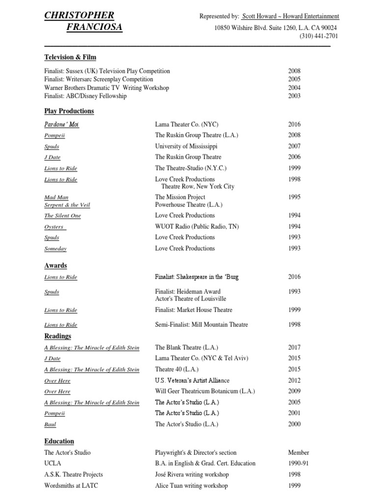 Christoper Franciosa TV Writing Resume-Howard | PDF | Entertainment Companies Of The United ...