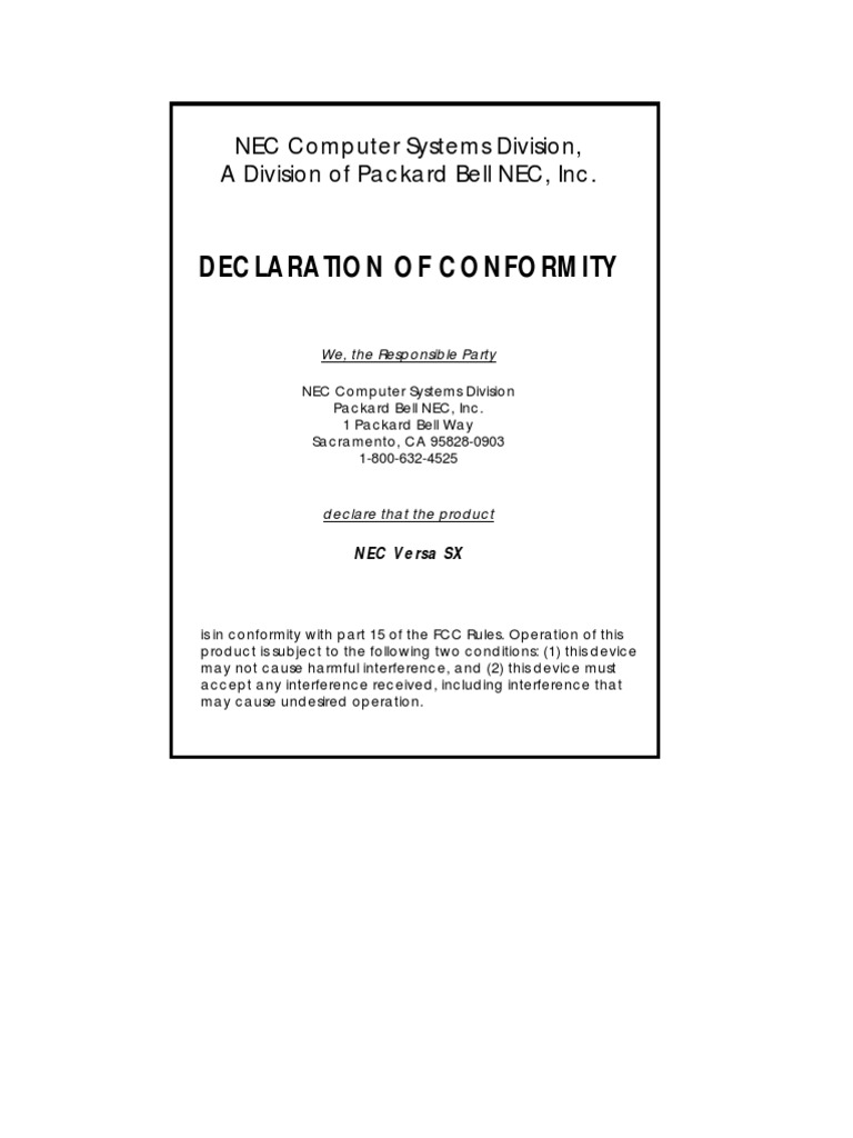 Declaration of Conformity: NEC Computer Systems Division, A Division of ...