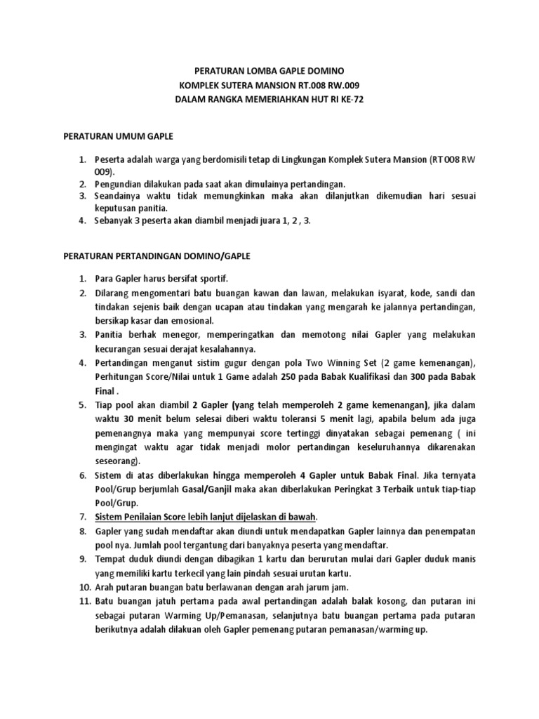 Peraturan Perlombaan Gaple | PDF