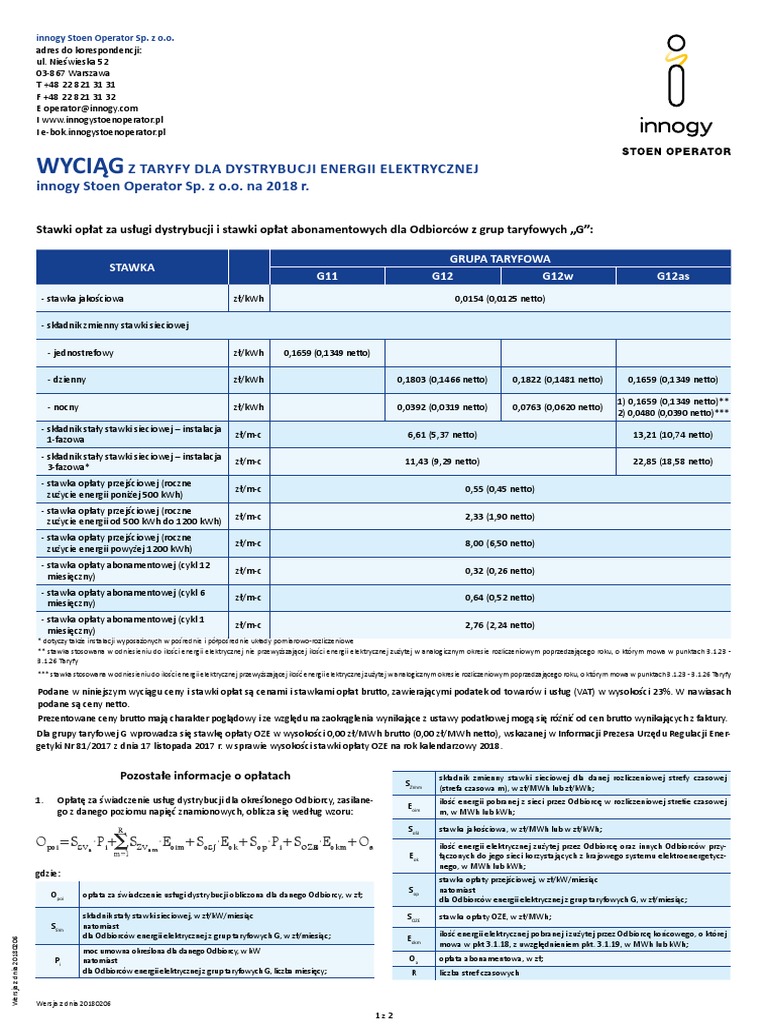 Wyciag Z Taryfy Innogy Stoen Operator PDF | PDF