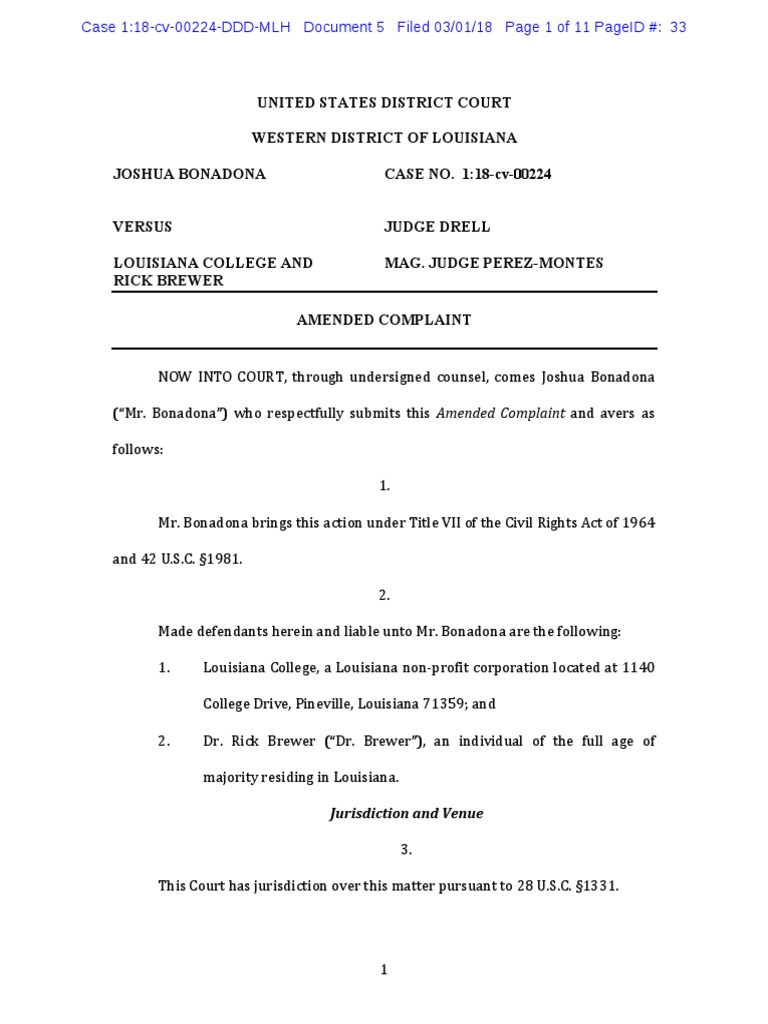 Complaint - Bonadona V Louisiana College | PDF | Complaint | Damages