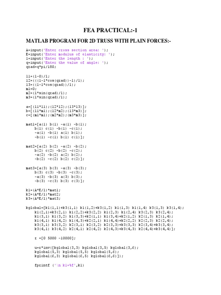 Fea Practical:-1: Matlab Program For 2D Truss With Plain Forces | PDF ...
