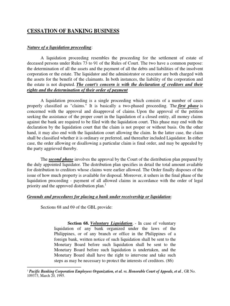 Cessation of Banking Business: Nature of A Liquidation Proceeding | Download Free PDF ...