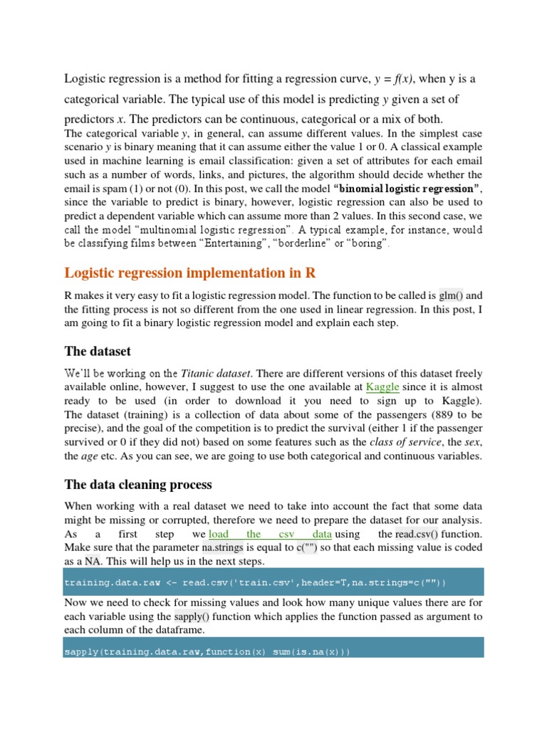 Logistic Regression Implementation In R The Dataset Pdf Logistic Regression Receiver 
