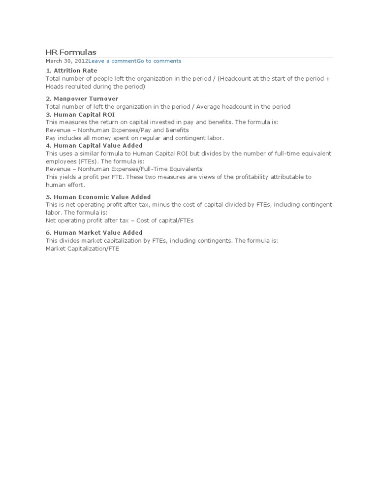 HR Formulas: 1. Attrition Rate | PDF | Finance & Money Management