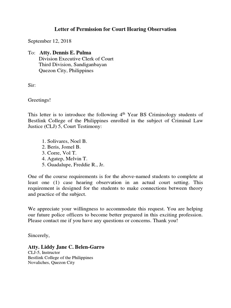Letter of Permission For Court Hearing Observation | PDF
