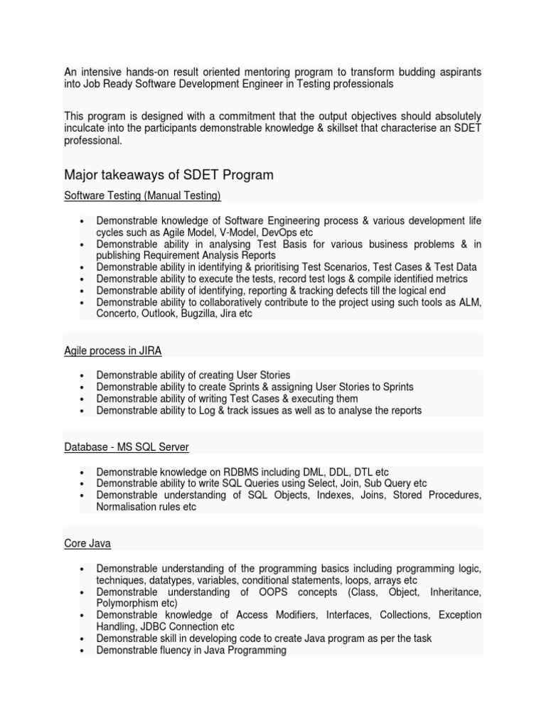 Major Takeaways of SDET Program | PDF | Selenium (Software) | Sql