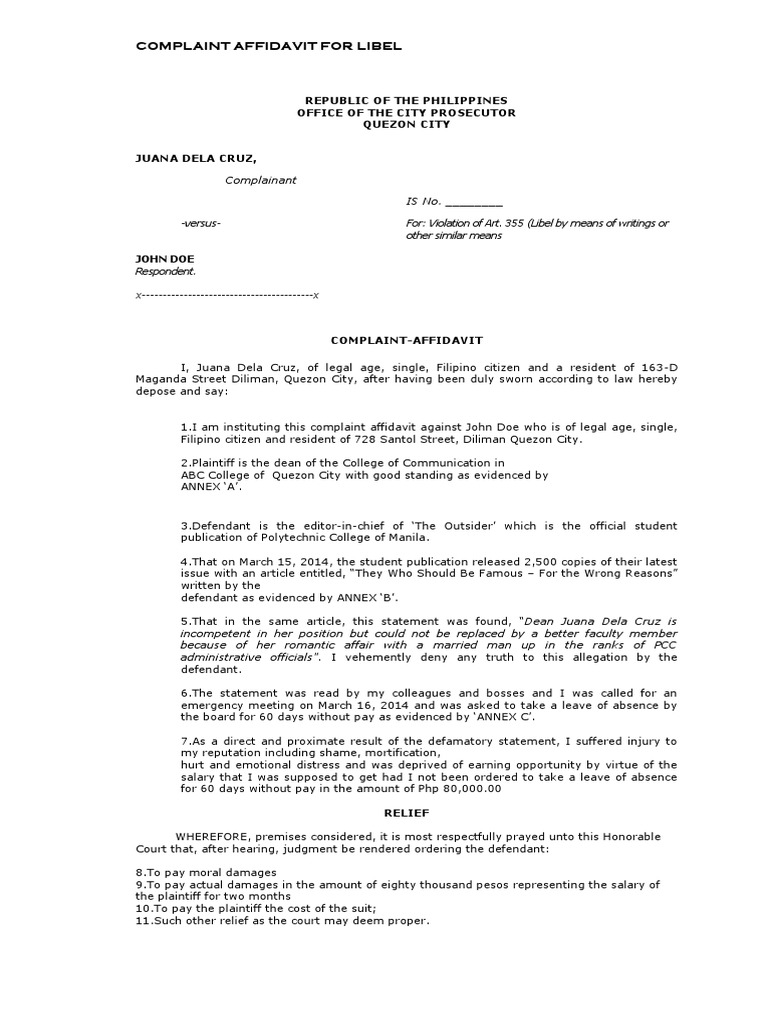 Complaint Affidavit For Libel | PDF | Defamation | Lawsuit