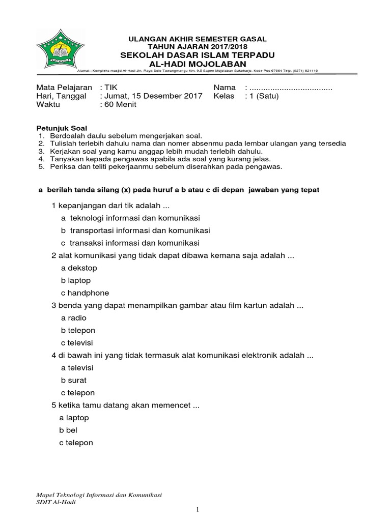 Soal UAS TIK Kelas 1 | PDF