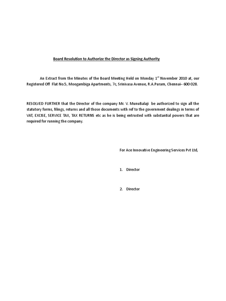 Board Resolution To Authorize The Director As Signing Authority | PDF