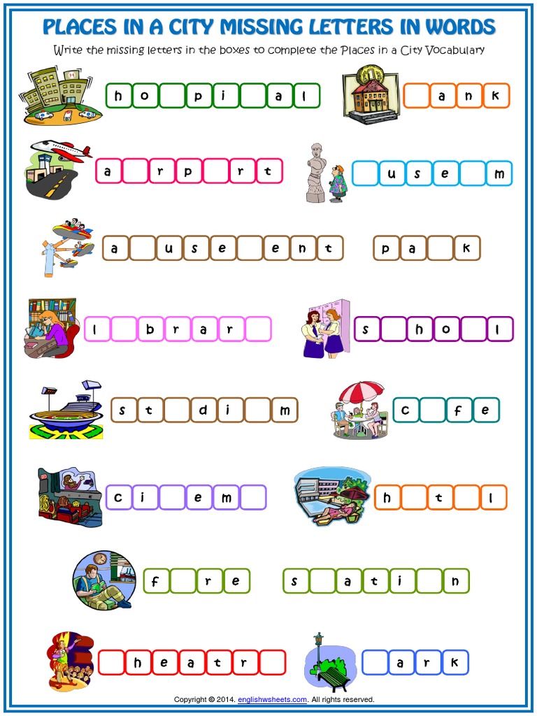 Places in A City Vocabulary Missing Letters in Words Esl Worksheet PDF ...