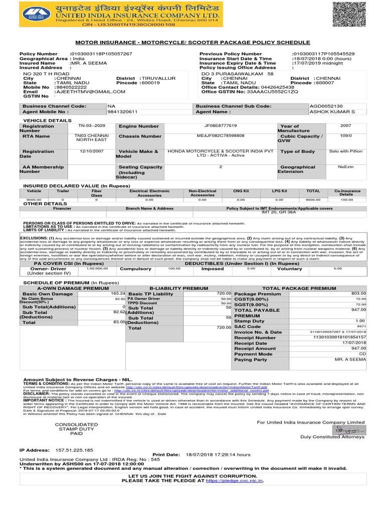 Activa Insurance | PDF | Receipt | Insurance