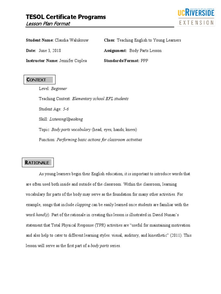 TESOL Certificate Programs: Lesson Plan Format | PDF | English As A ...