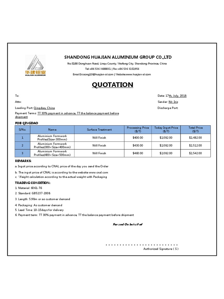 Quotation: Shandong Huajian Aluminium Group Co.,Ltd | PDF | Business