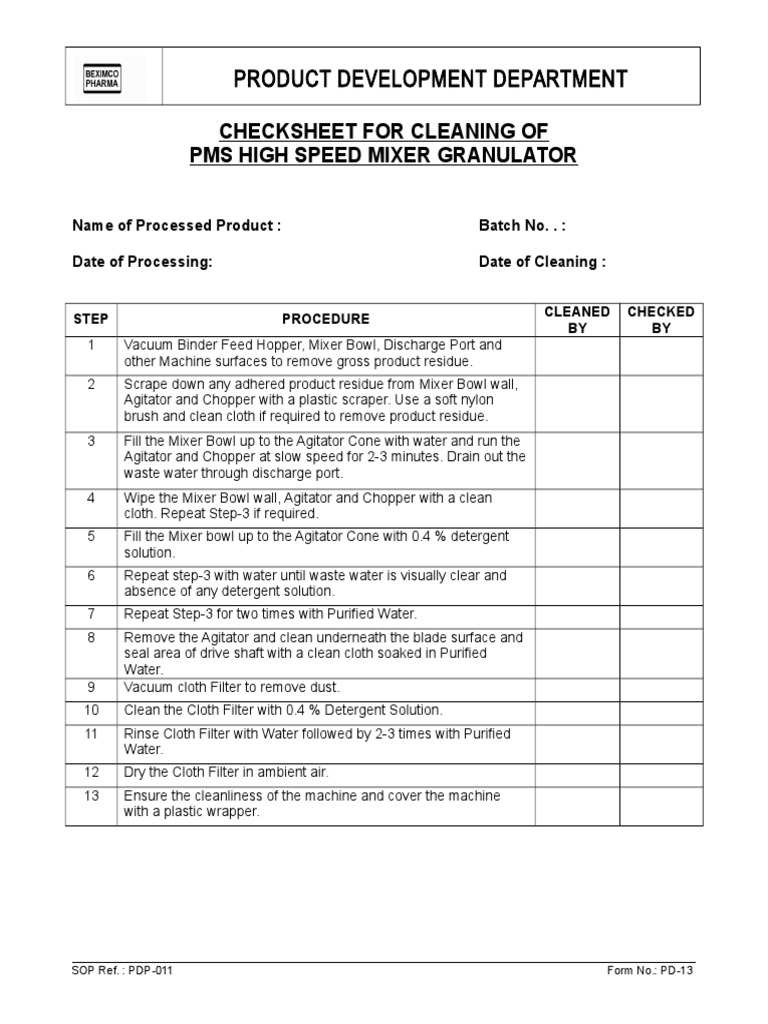 Product Development Department: Checksheet For Cleaning of Pms High ...