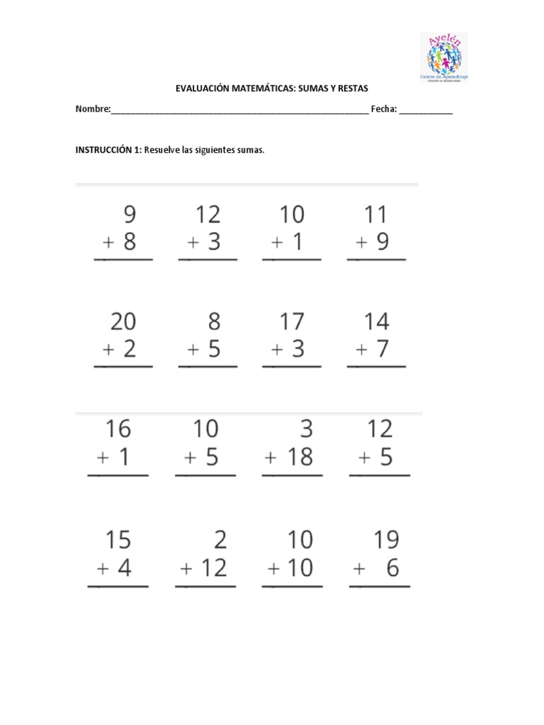Prueba De Matemáticas Suma Y Resta 40 Pruebas De Cálculo Mental Suma