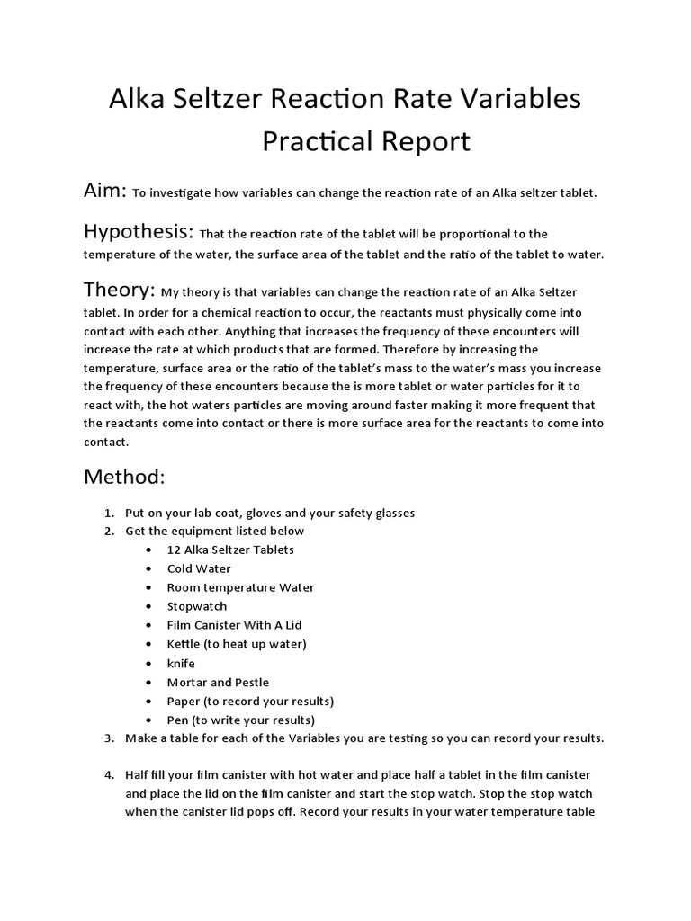 Alka Seltzer Reaction Rate Variables Practical Report | PDF | Reaction ...