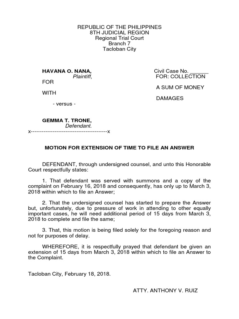 Motion For Extension of Time To File Answer (Non-Litigious) | PDF