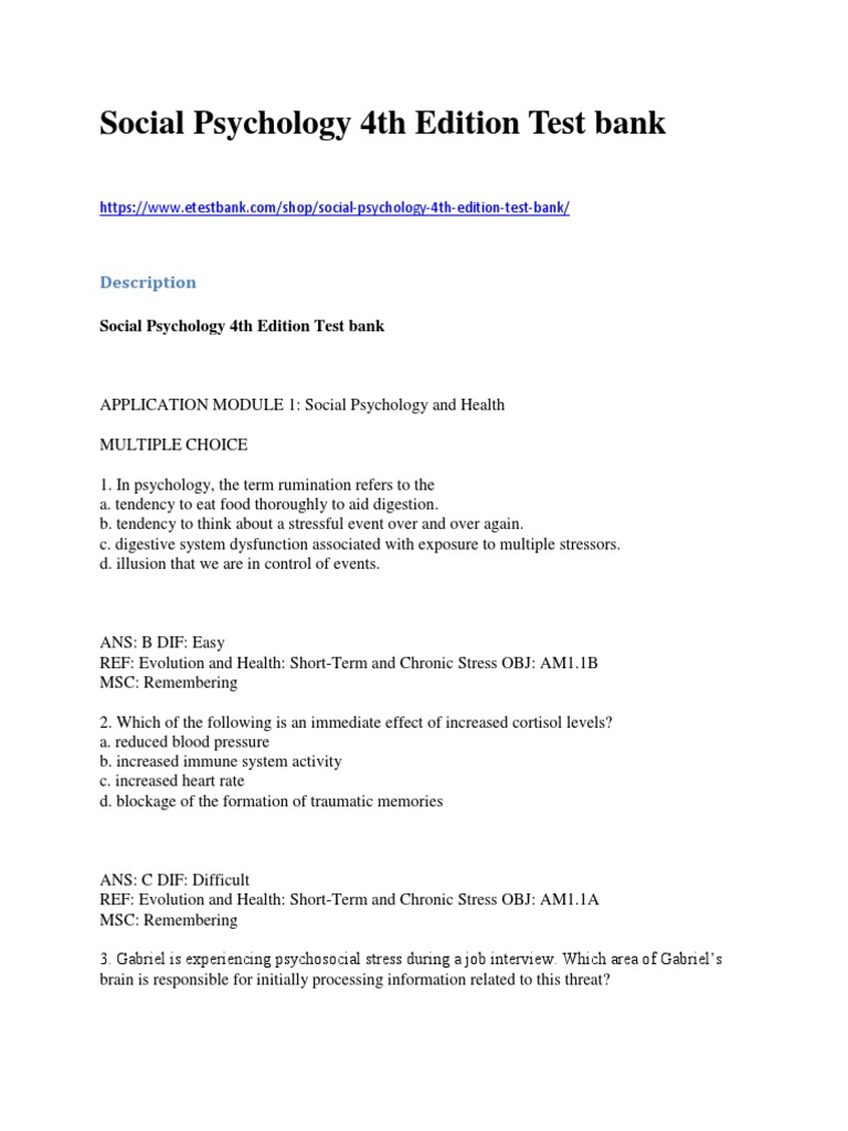 Social Psychology Test Bank 4th Edition | PDF | Stress (Biology) | Optimism