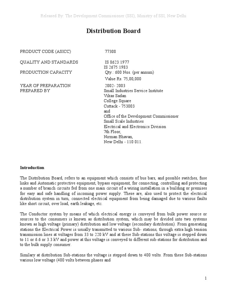 Distribution Board: Released By: The Development Commissioner (SSI ...