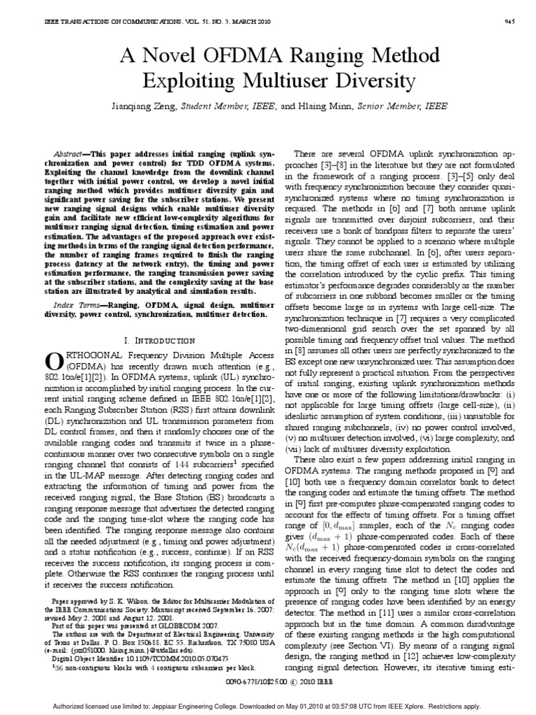A Novel OFDMA Ranging Method Exploiting Multiuser Diversity | PDF | Orthogonal Frequency ...