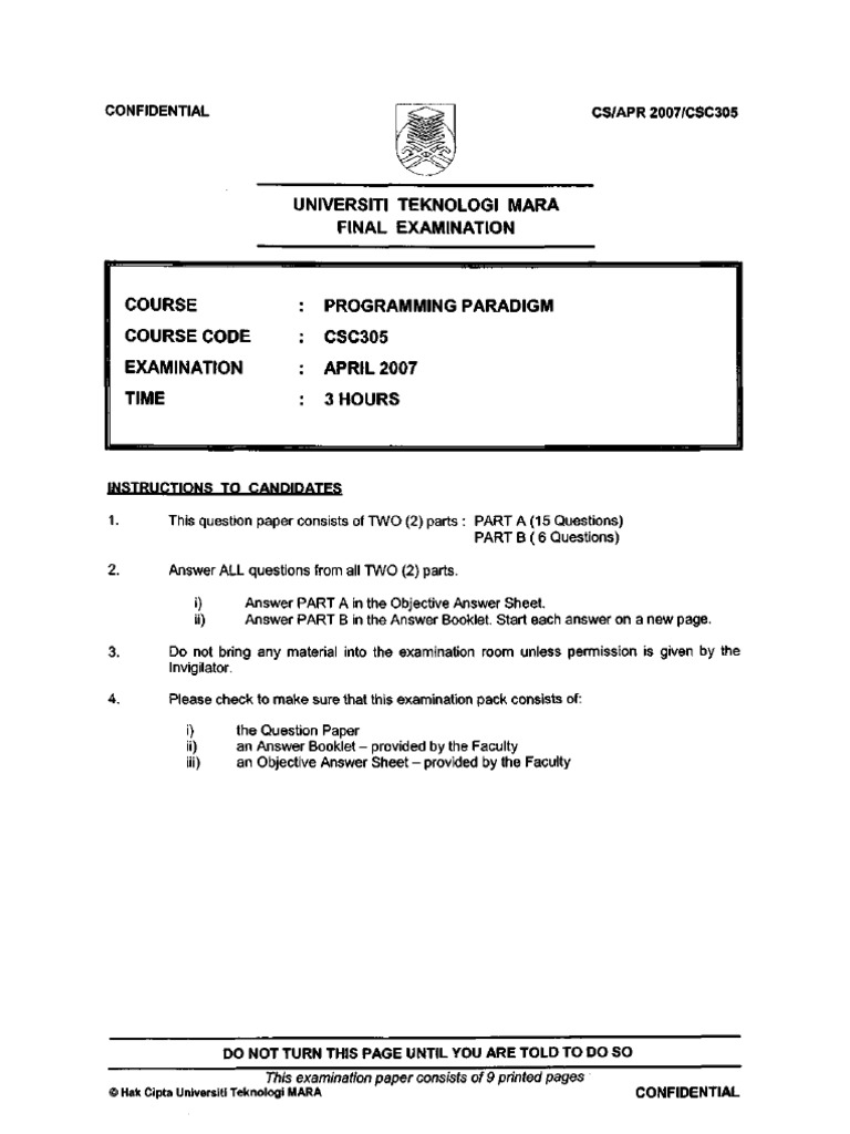 Universiti Teknologi Mara Final Examination: Confidential CS/APR 2007/CSC305 | PDF | Subroutine ...