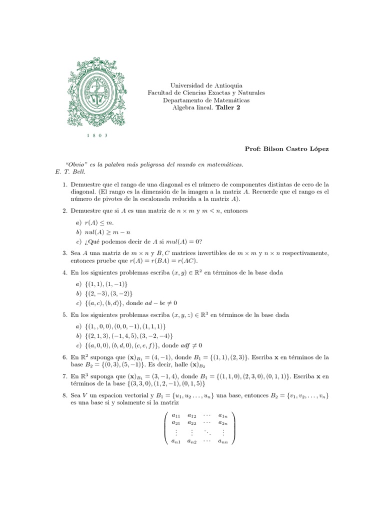 Taller 2 de Lgebra Lineal | PDF | Base (álgebra lineal) | Ortogonalidad
