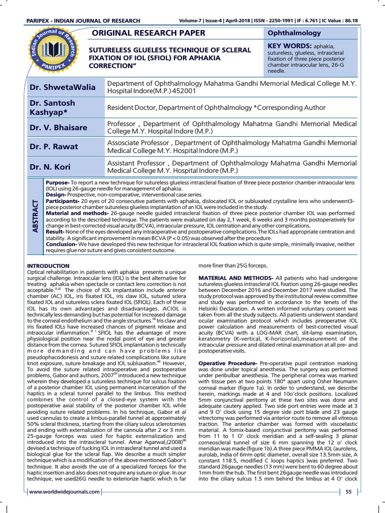 Sutureless Glueless Technique of Scleral Fixation of Iol (Sfiol) For ...