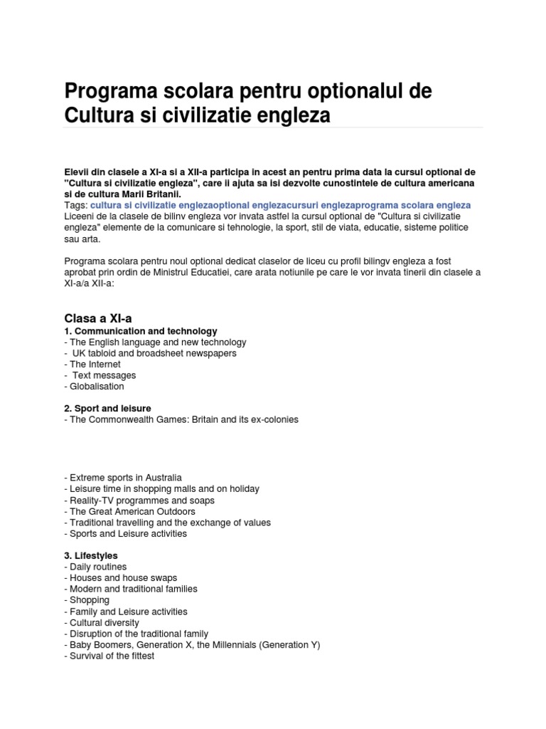 Programa Scolara Pentru Optionalul de Cultura Si Civilizatie Engleza ...