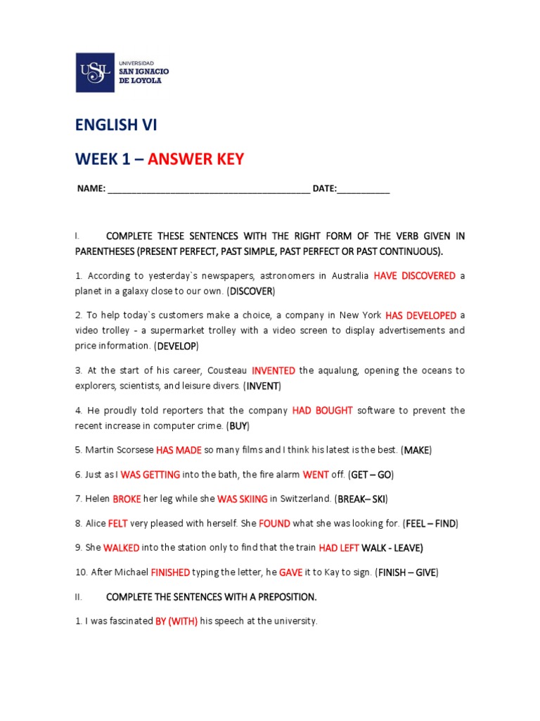 Answer Key - Worksheet - Week 1 | PDF