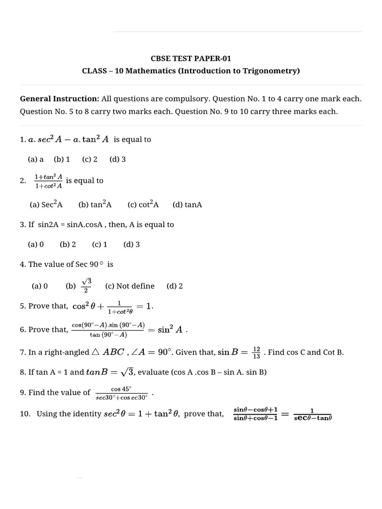 Class 10 Trigonometry Test Paper | PDF | Trigonometric Functions ...