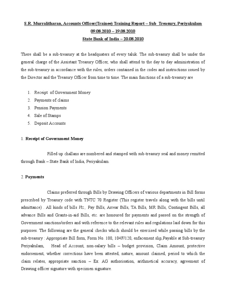 Sub Treasury Training Report | PDF | Cheque | Receipt